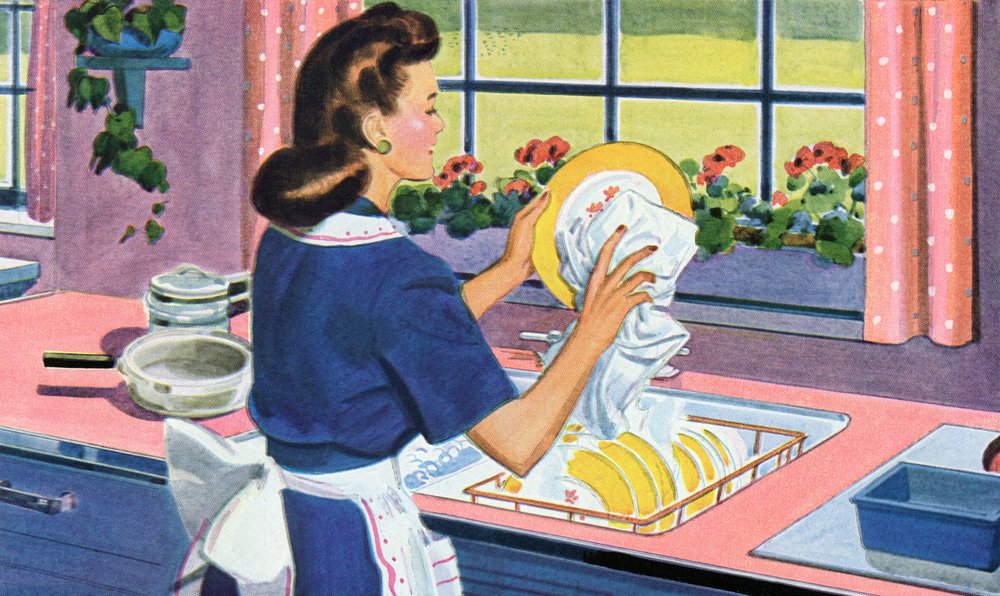 1940s Homemaker Washes Dishes in Her Dream Kitchen
