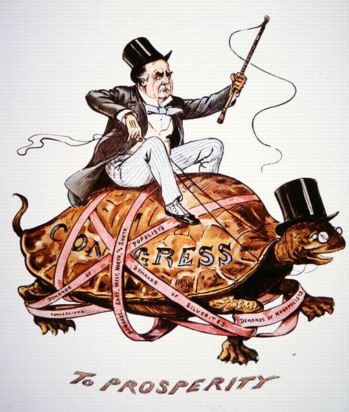 Cartoon depicting President William McKinley (1843-1901) trying to ...