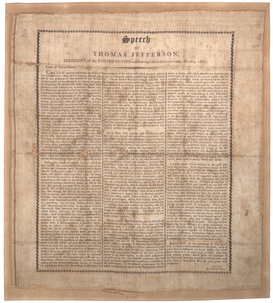Jeffersons first inaugural speech, printed by Pechin, Baltimore, 4th ...