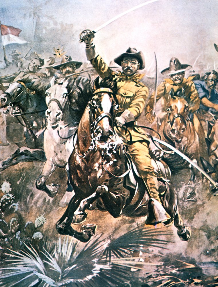 Theodore Roosevelt leading the 'Rough Riders' during the Spanish ...