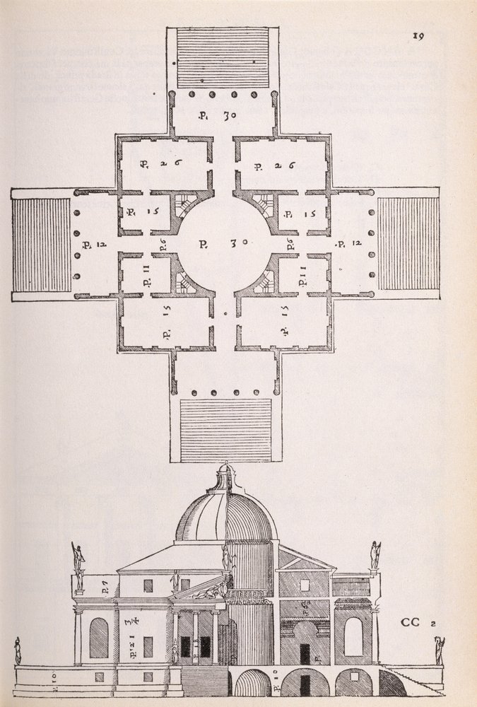 Plan and cross section of Villa Rotunda, illustration from a facsimile ...