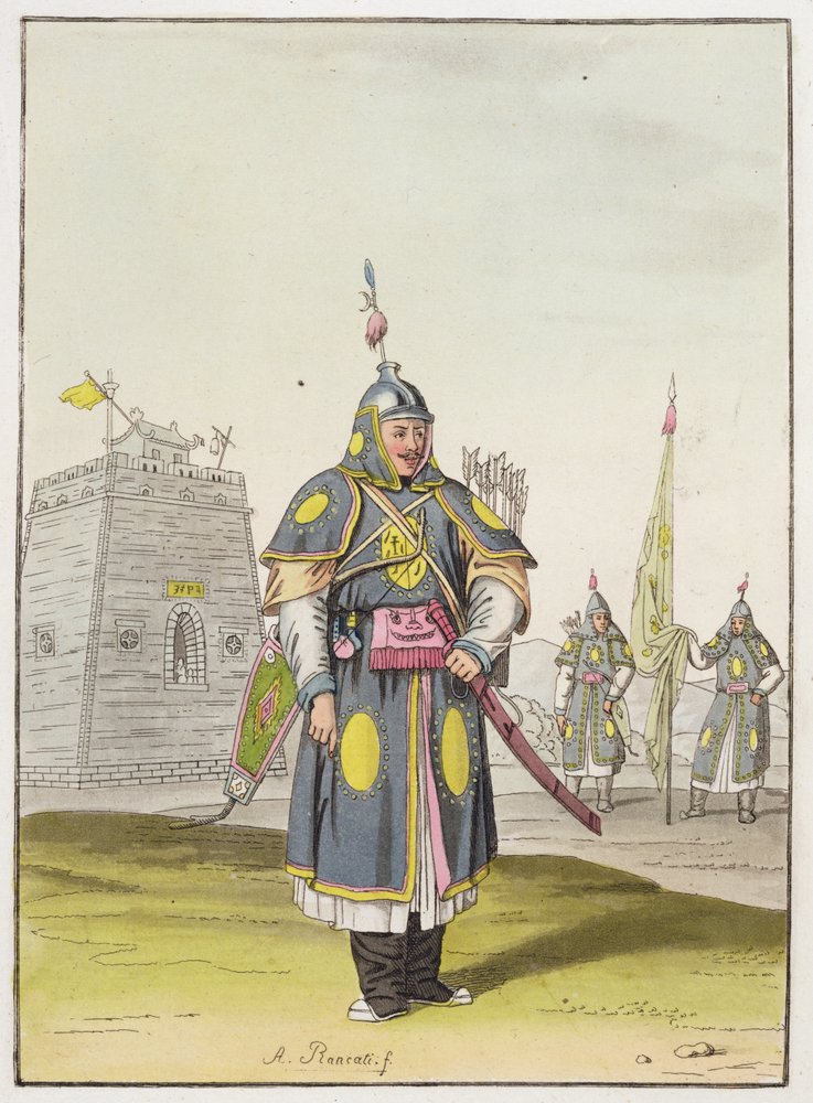 Chinese soldier in full battle dress, illustration from 'Le Costume ...