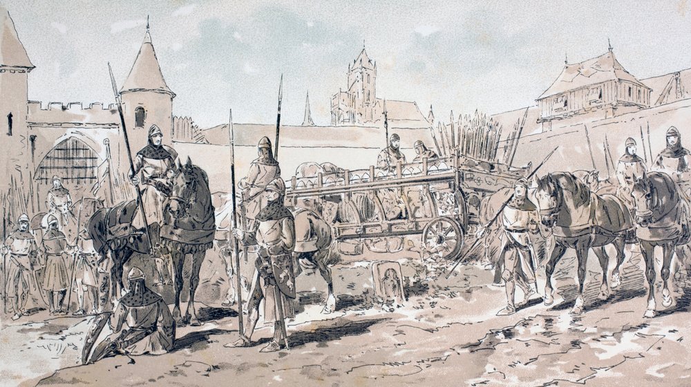 Cavalry and Foot Soldiers with Horse Drawn Wagon Carrying Arms and ...