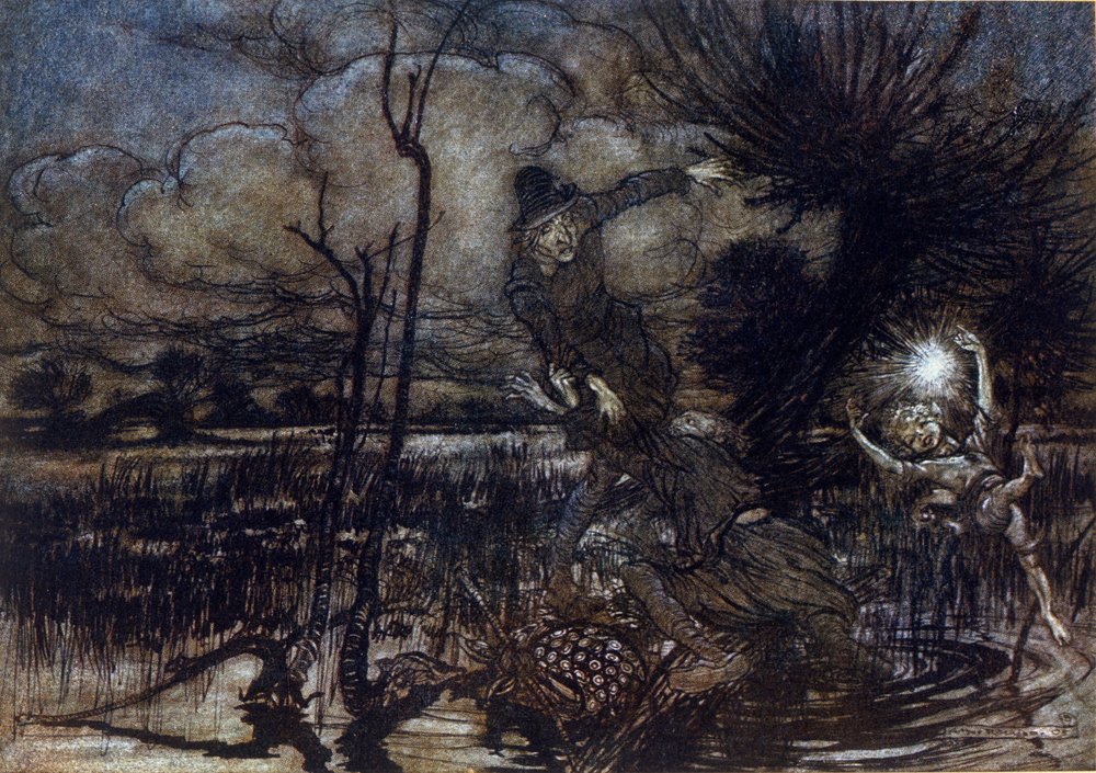 Two characters fail to drown in the swamp, Puck helps them with a fire ...