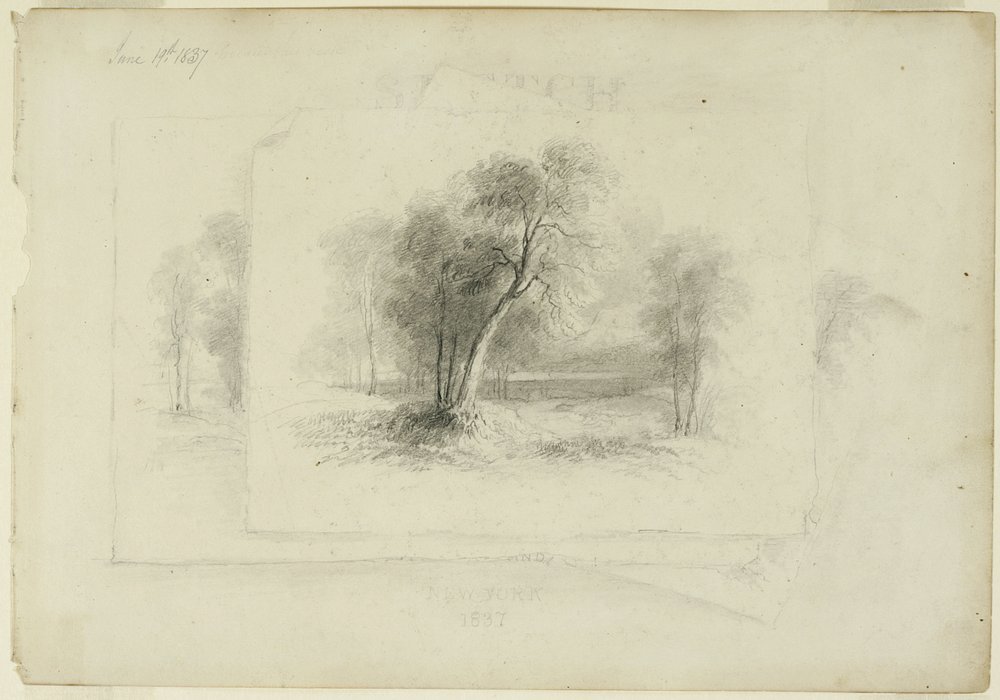 Frontispiece with Trompe l'Oeil Stack of Three Drawings of Trees (detail)