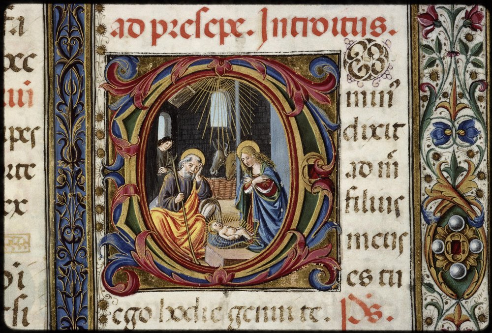 Missal of Thomas James: Detail of an Initial D: The Nativity