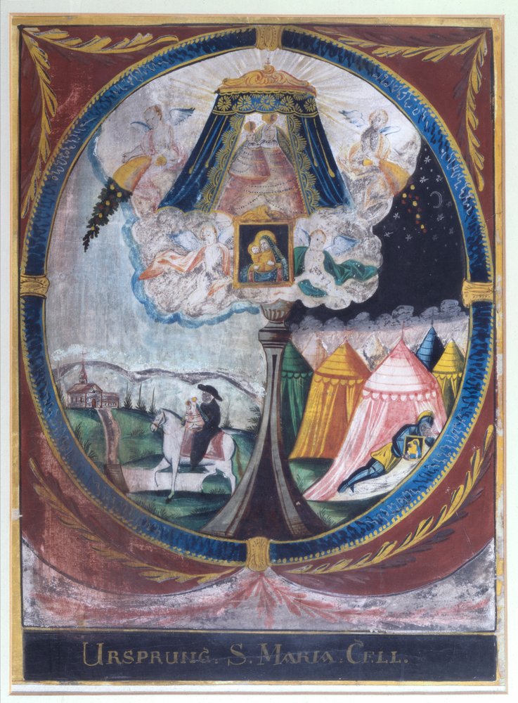 Depiction of the Monk Magnus bringing the miracle working wooden statue ...