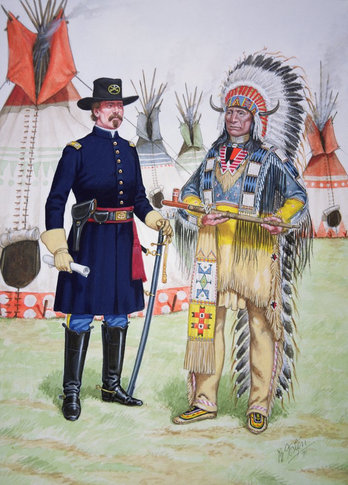 Chief Red Cloud of the Oglala Sioux offers pipe of peace to an officer ...
