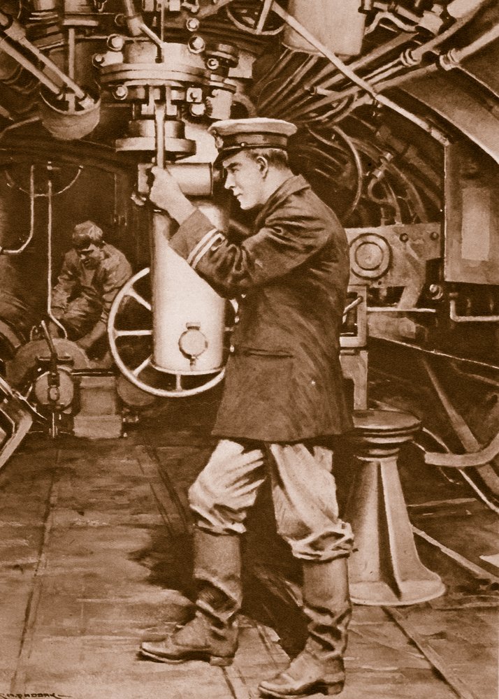 British Submarine Officer Examining the Periscope
