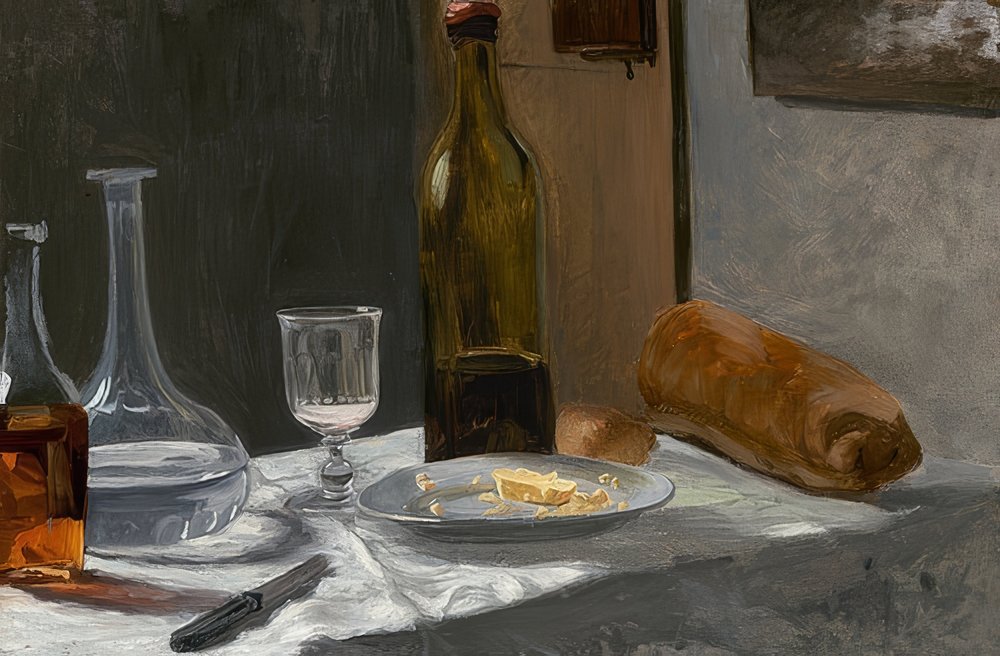 Still Life with Bottle, Carafe, Bread, and Wine. c. 1862/63