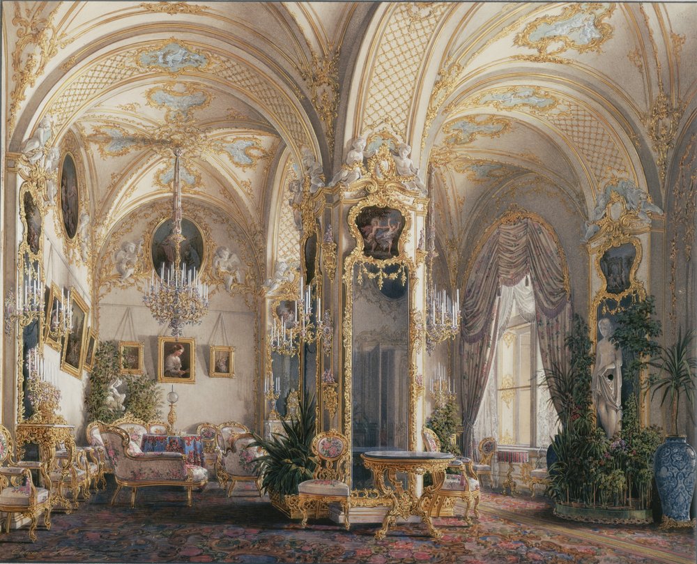 Interiors of the Winter Palace. The Drawing Room in Rococo Style with ...