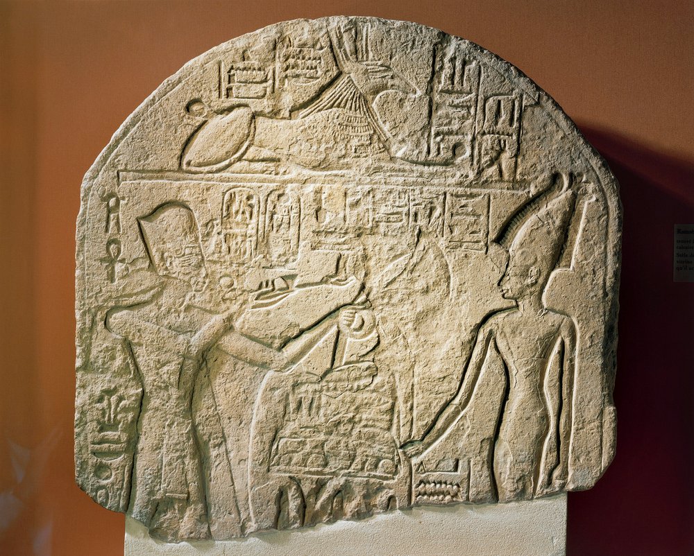 Limestone Stele Depicting Ramses II Offering Incense and Papyrus to the ...