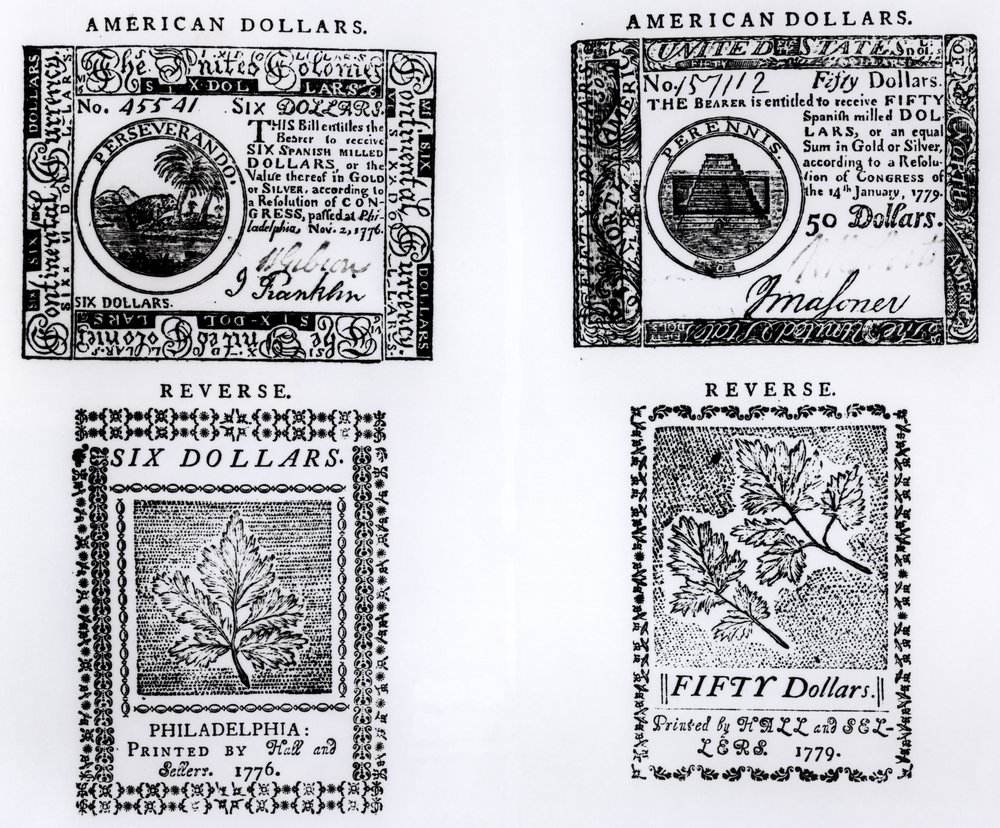 A Colonial Six Dollar Bill of 1776 and an American Fifty Dollar Bill of ...