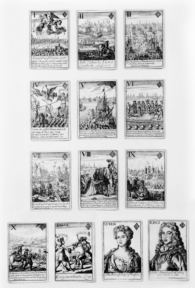 Playing cards with characters and scenes from the early 18th century