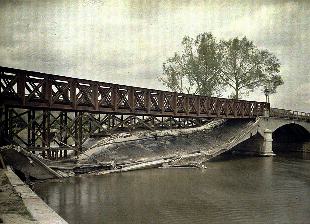 Destroyed bridge over the Aisne, reconstructed by engineers, France