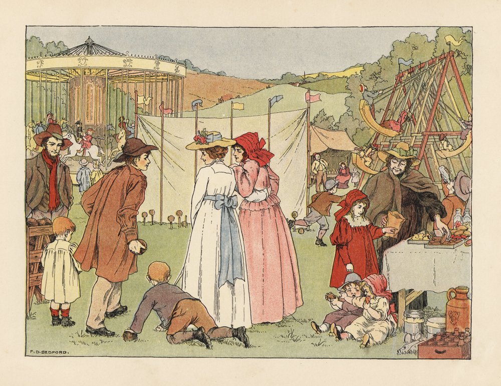 Victorian youths at a coconut shy, children on swings and carousel at a ...