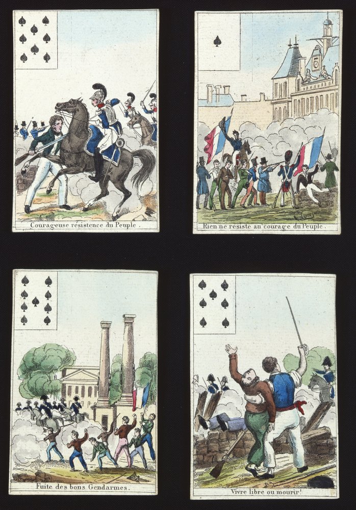 Four cards from a pack illustrated with propaganda scenes from the 1830 ...