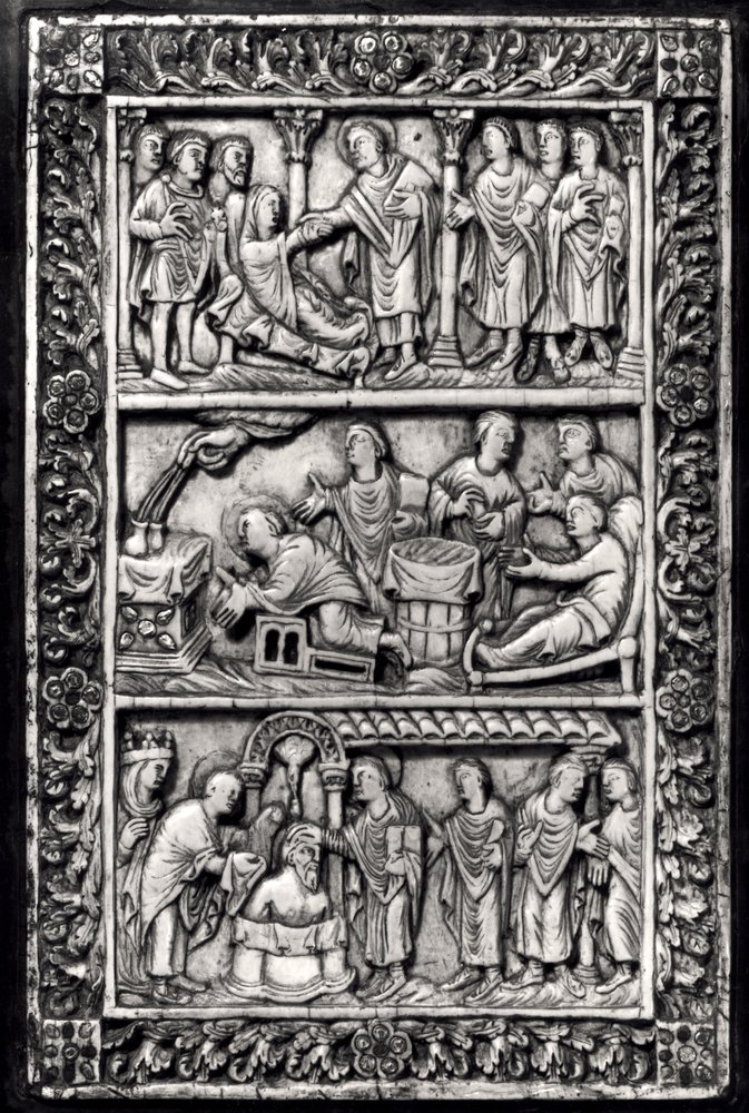 Carved Plaque for a Book Cover Depicting Scenes from the Life of St ...