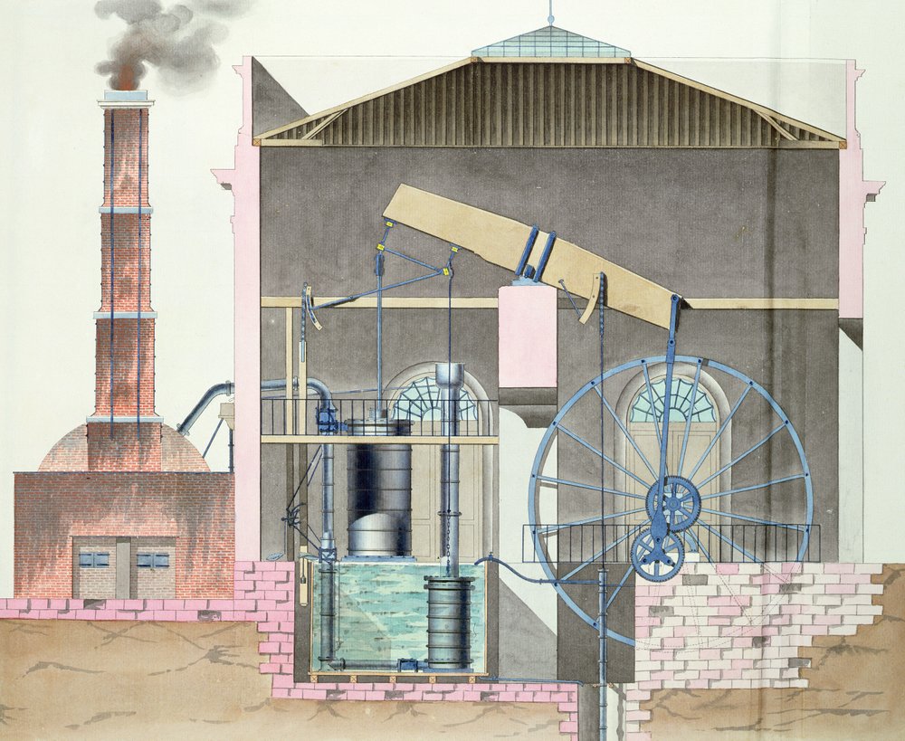 Cross-section of Watts steam engine by French School