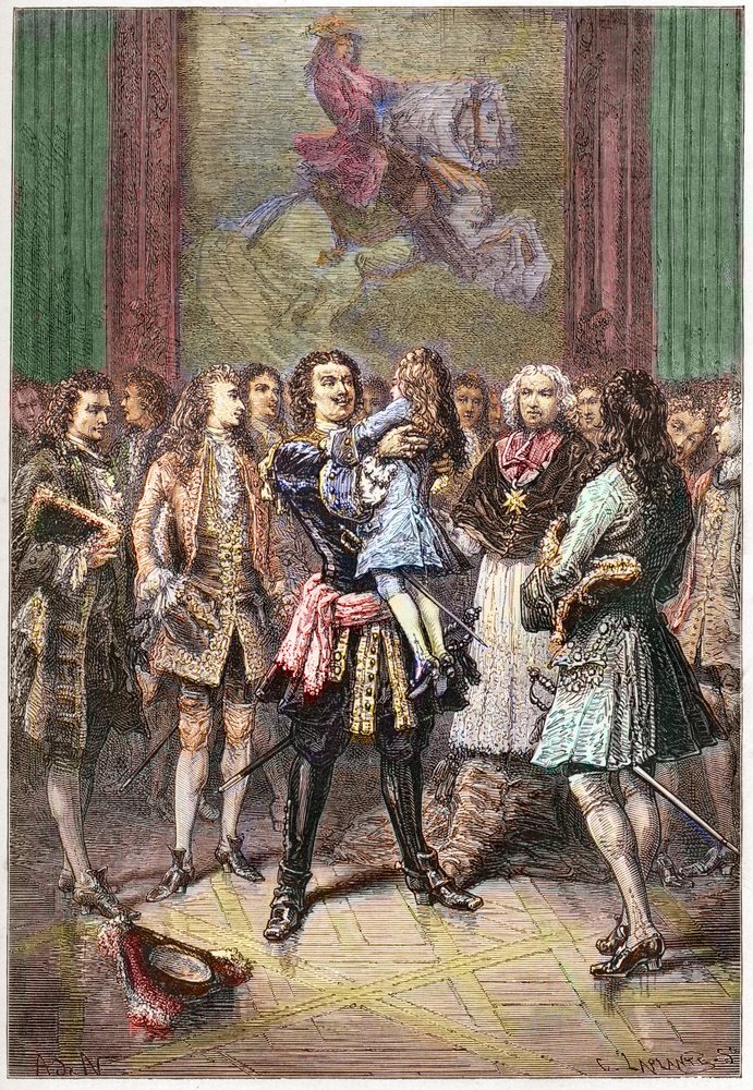 The Russian tsar Peter I the Great holding King Louis XV in his arms in ...