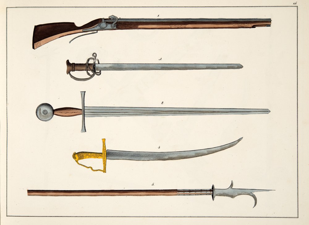 Weapons including swords and spears, c.1400, plate from A History of ...