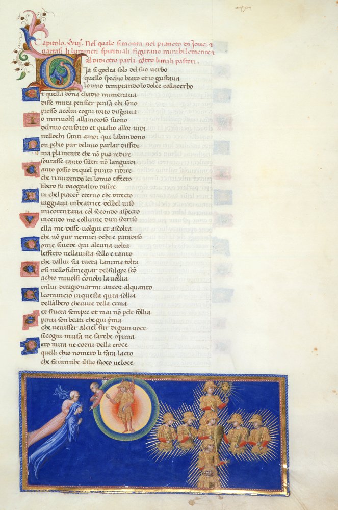 Paradiso, Canto XVIII. Miniature shows Dante and Beatrice hovering ...