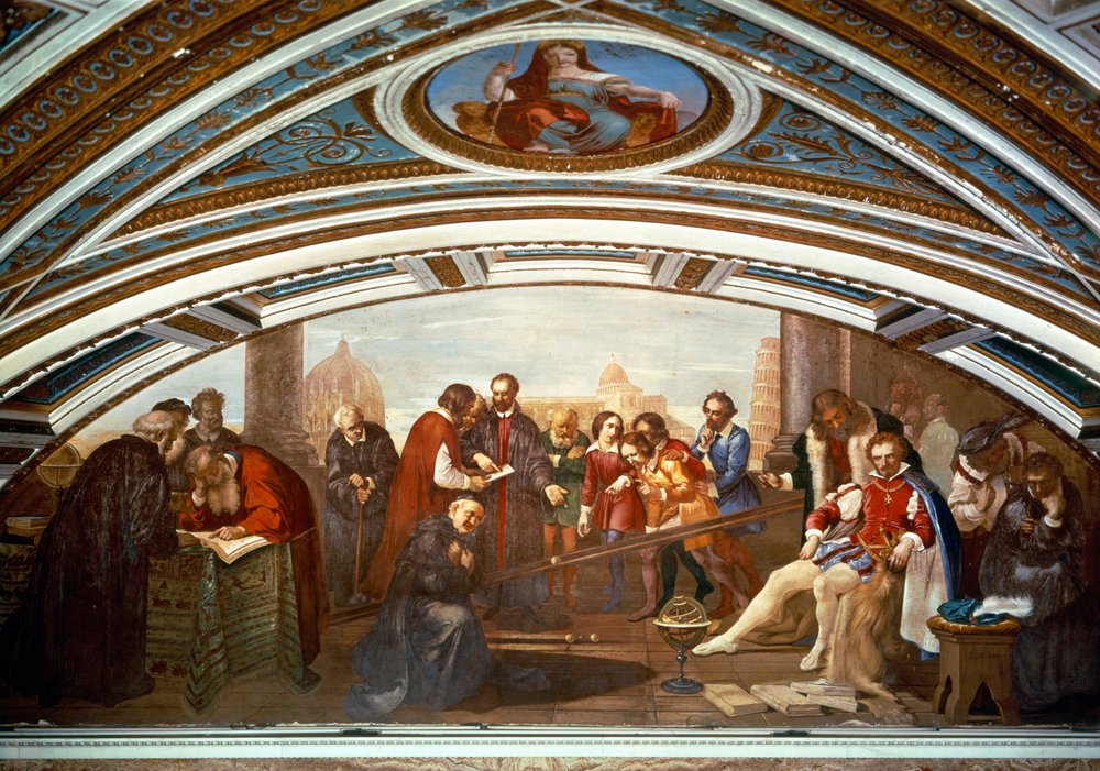 Galileo Galilei demonstrating law of gravity in presence of Giovanni De ...