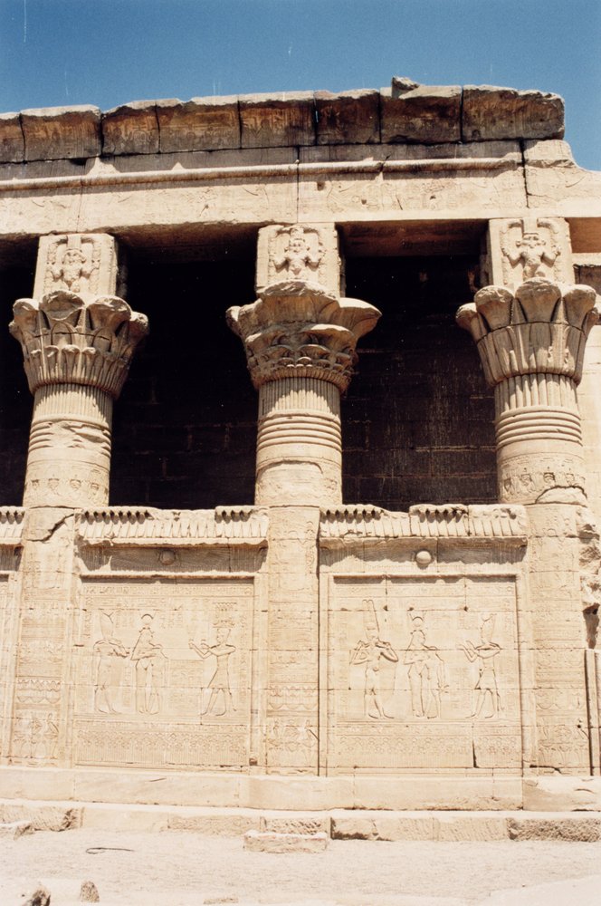 The south wall of the Roman Birth House, or Mammisi, with reliefs ...
