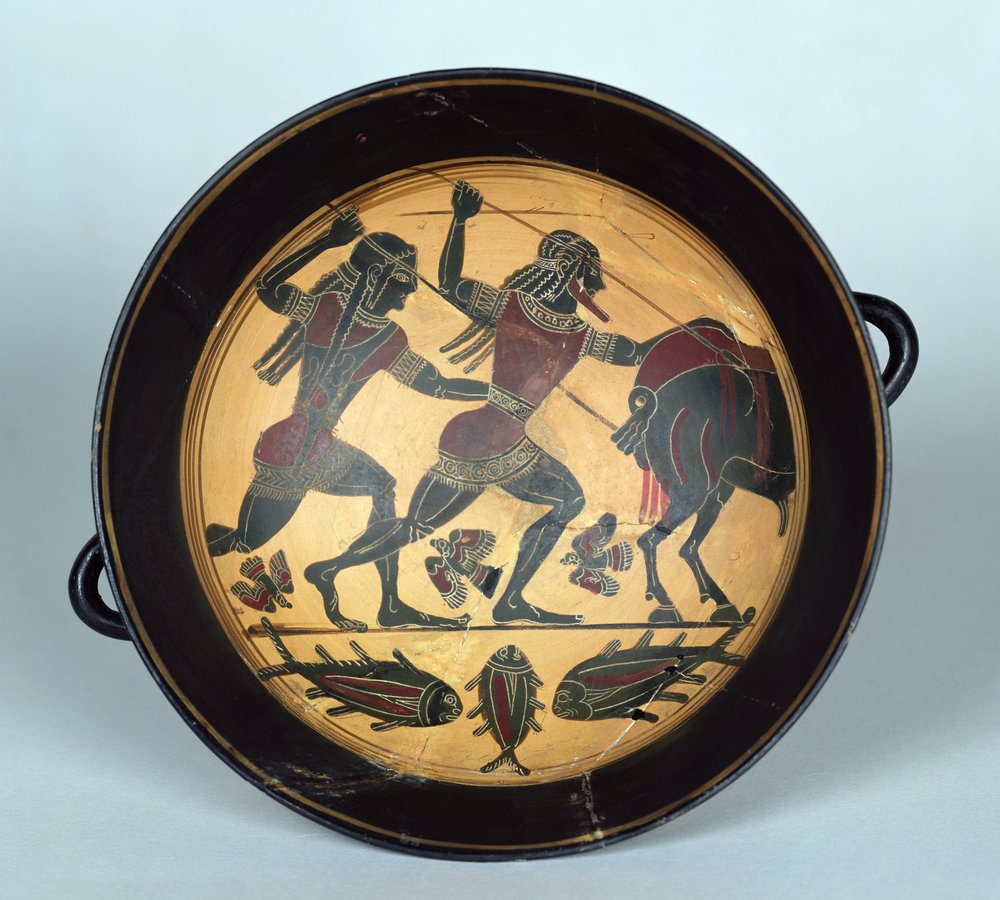 Interior of a cup depicting the hunt for the Boar of Calydon, Laconian