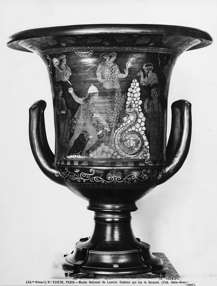 Bell crater with mythological scenes depicting Cadmus and the serpent