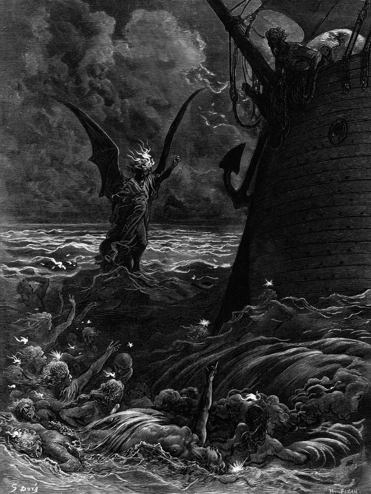 Death-fires dancing around the becalmed ship, scene from 'The Rime of ...