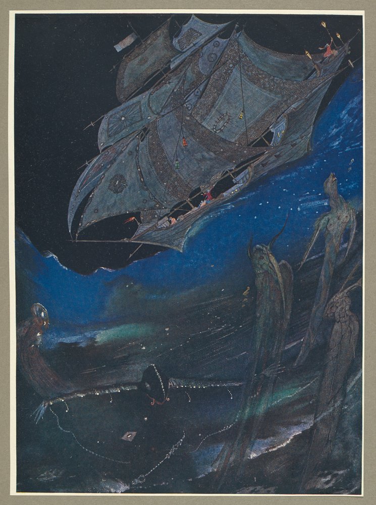 An illustration showing a ship at sea, and fish below it.