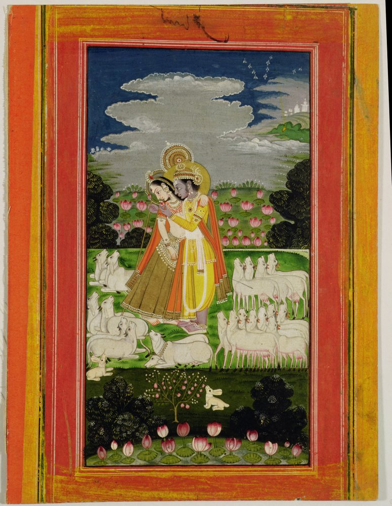 Radha and Krishna embrace in an idealised landscape with cows