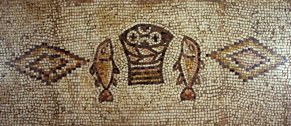 Byzantine mosaic depicting fish and loaves of bread