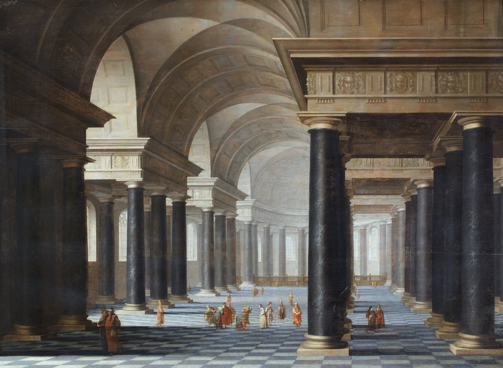 The Interior of a Church with Black Marble Columns and Figures in ...