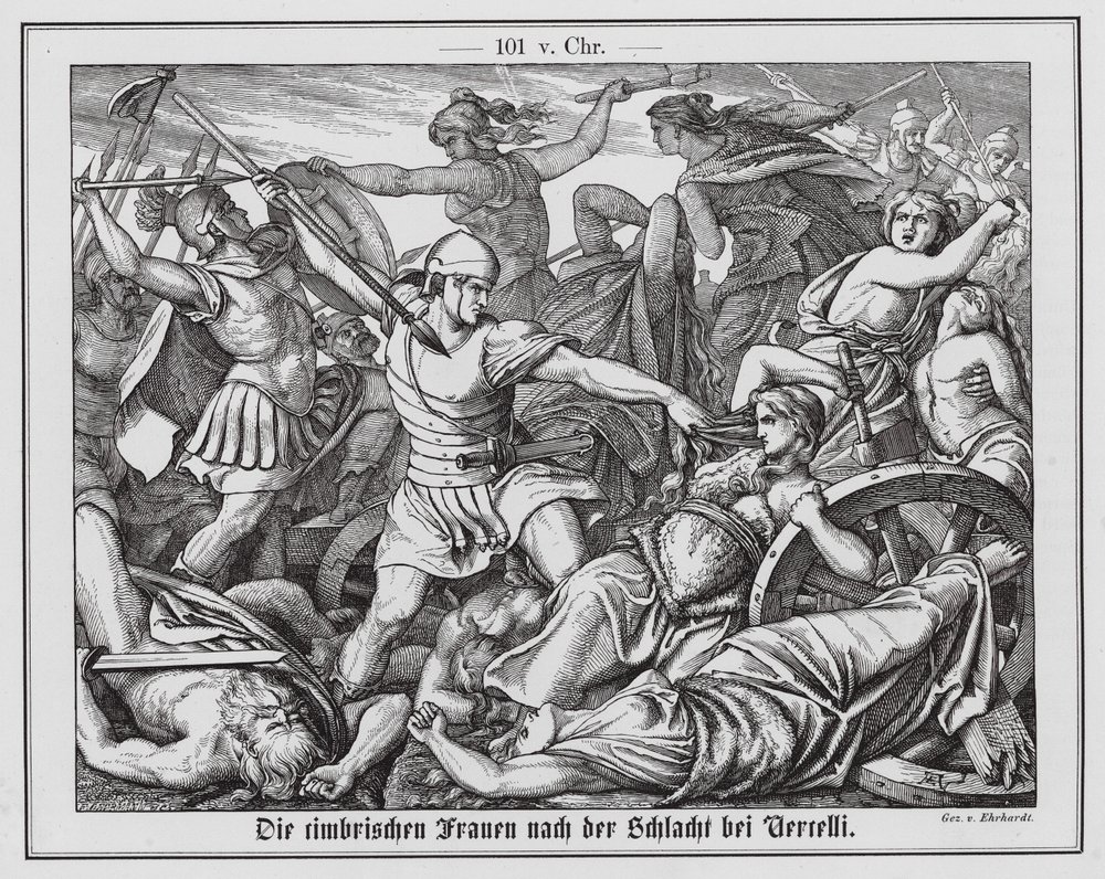 Cimbrian women fighting Roman soldiers at the Battle of Vercellae