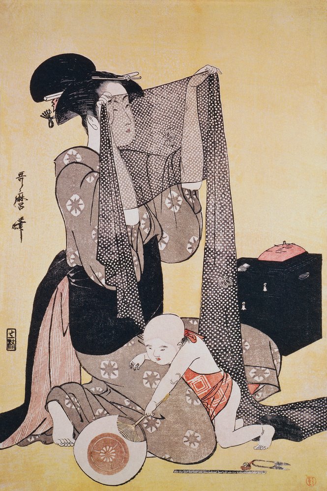 Needlework, ca 1794, woodcut, Japan, Edo period