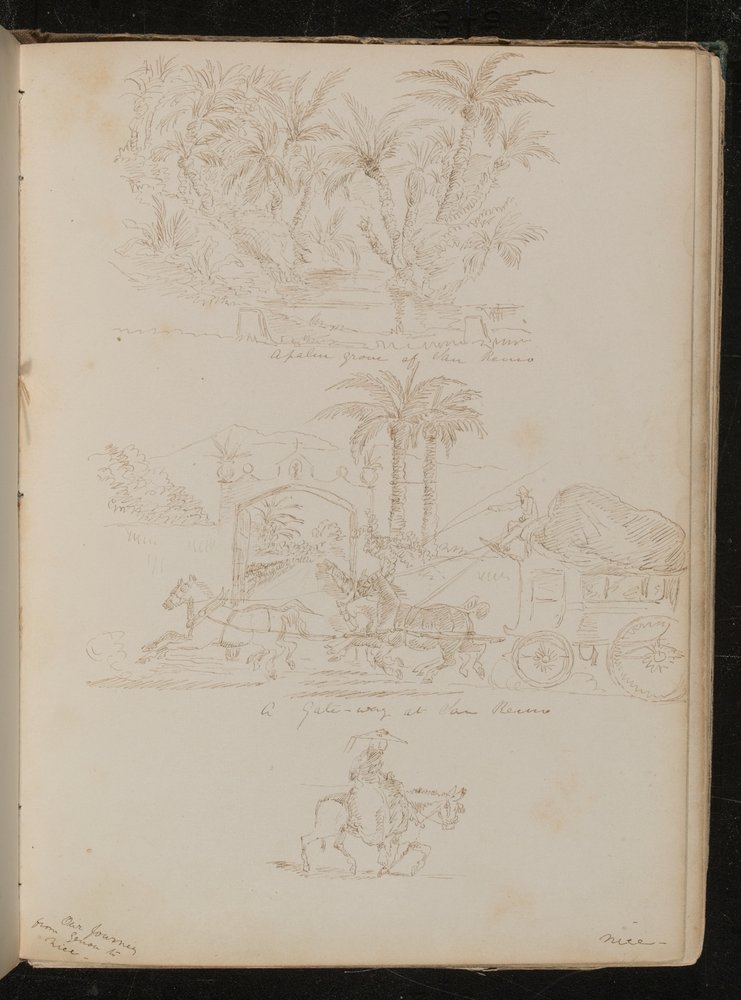 A palm grove at San Remo, a horse-drawn carriage in front of 'a gateway ...