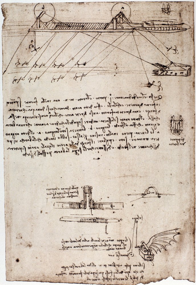 Study for a marine dredge by Leonardo da Vinci. Drawing with pen and ink