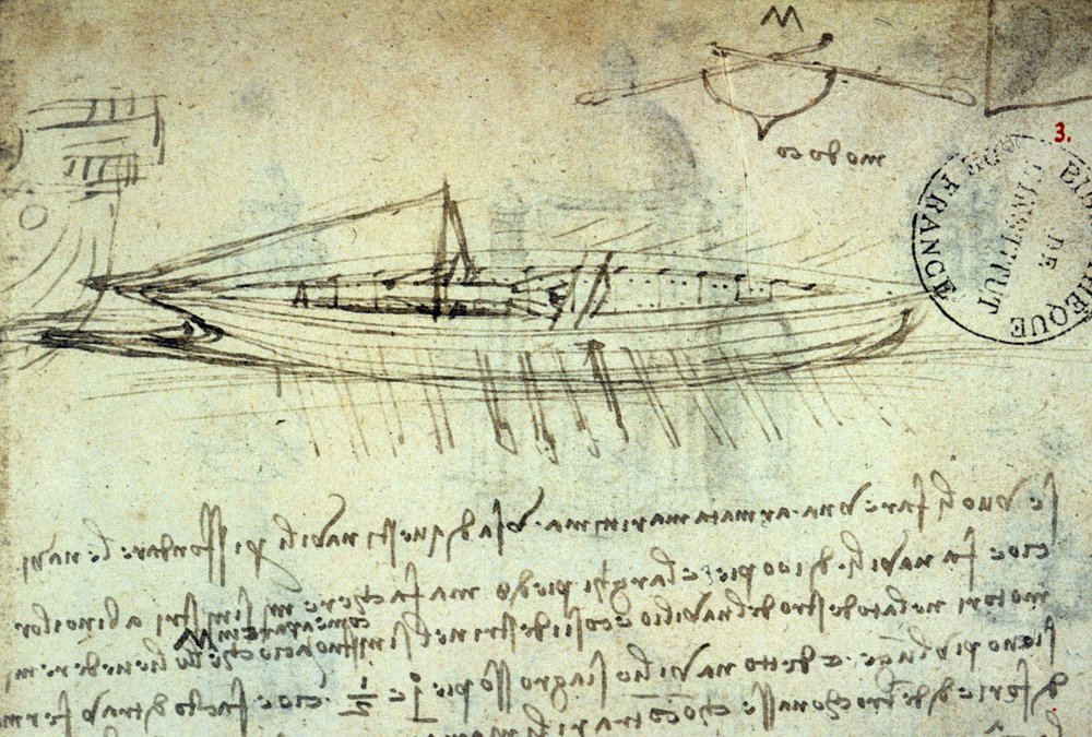 Study of boat equipped with a series of oars by Leonardo da Vinci (1452 ...