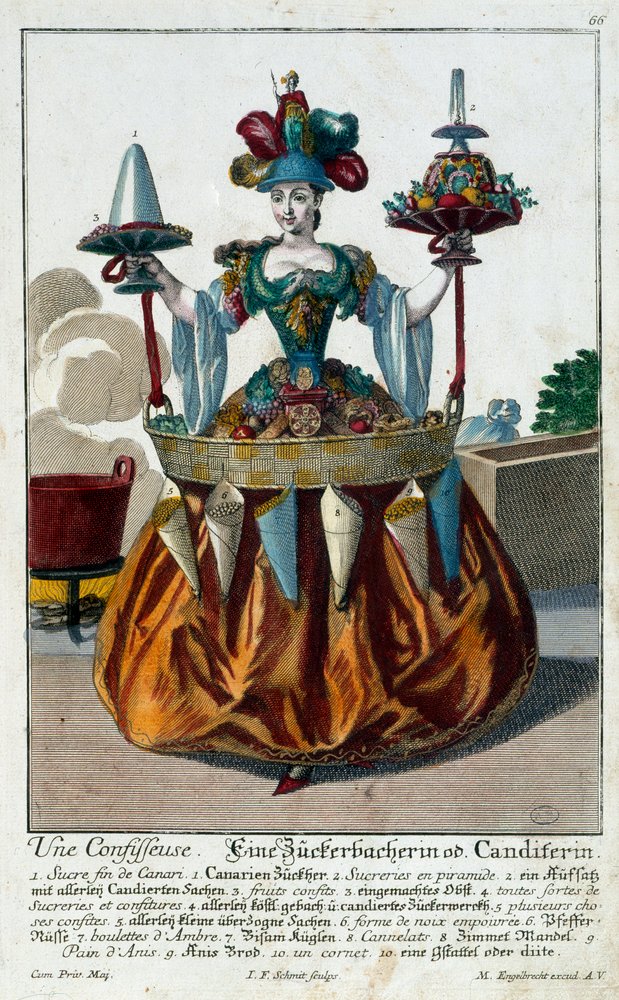 The confectioner: a young woman holding a tray of candy and ...