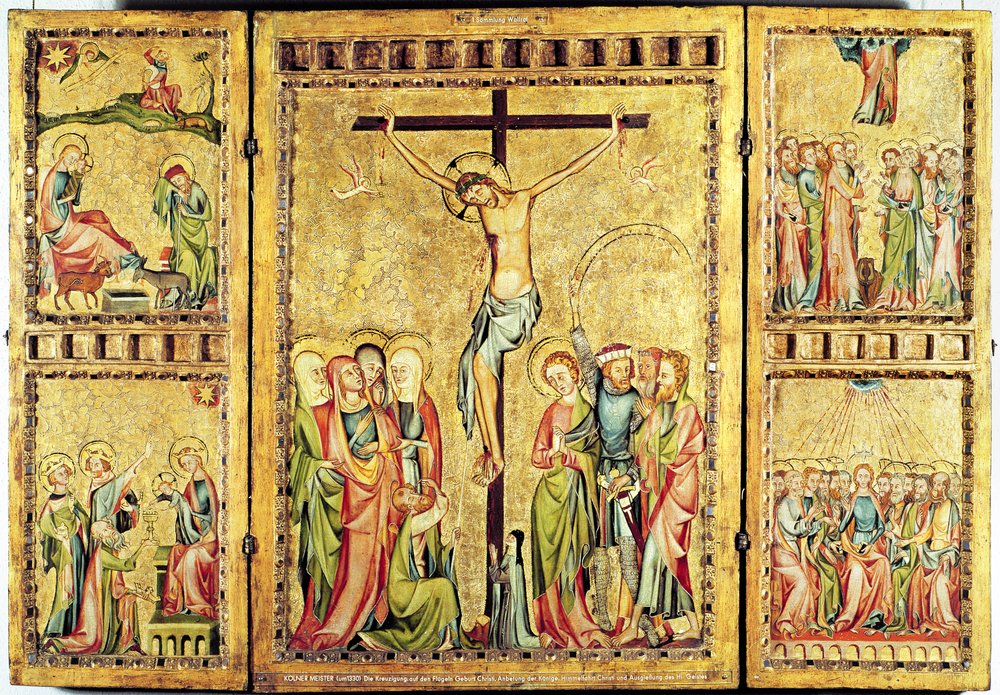 Altarpiece with the Crucifixion in the centre panel and scenes from the ...