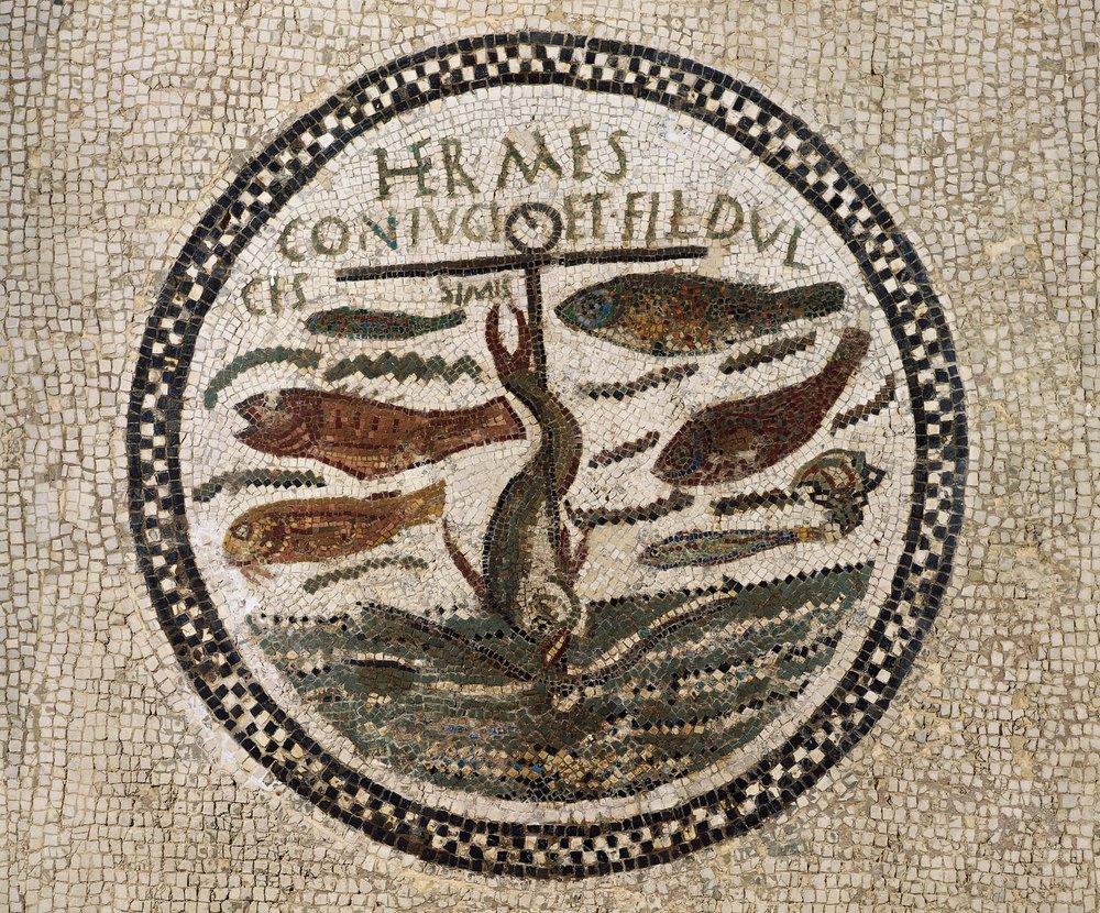 Mosaic with anchor surrounded by fish, symbol of Christ and his ...