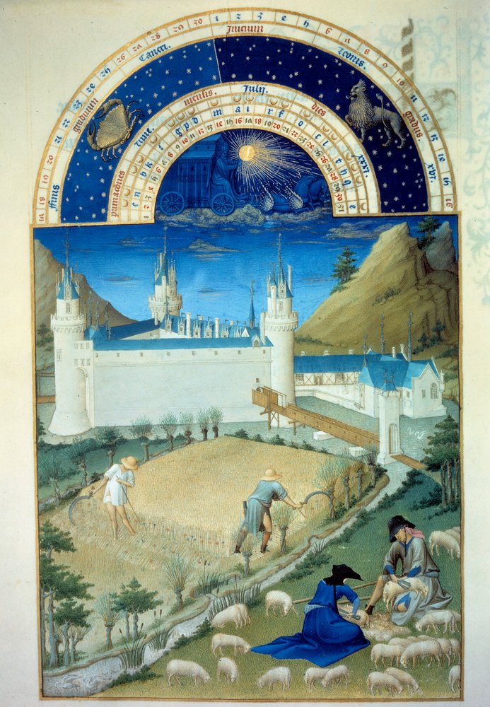 July: The Chateau de Poitiers, Scene of Harvest and Shear (15th Century) from the manuscript The ...