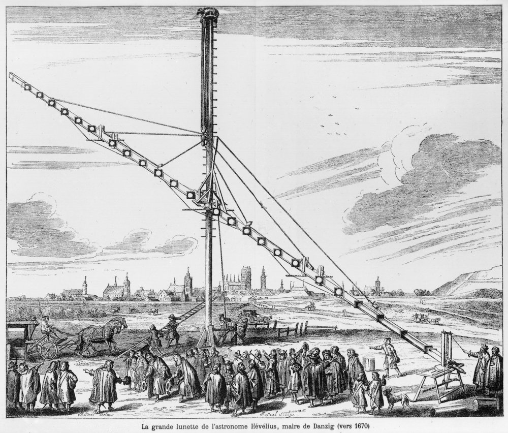 The Large Astronomical Telescope of Johannes Hevelius, illustration ...