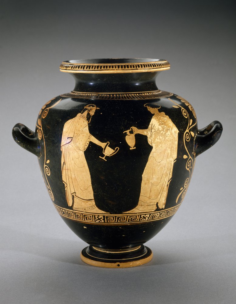 Red-Figure Stamnos with Scene of Dionysus with Handmaid