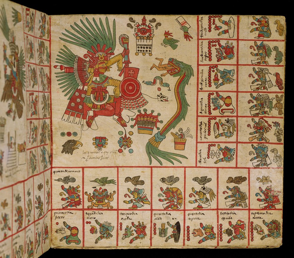 Aztec Codex Borbonicus, 'Tonalamatl', detail depicting Quetzalcoatl and ...