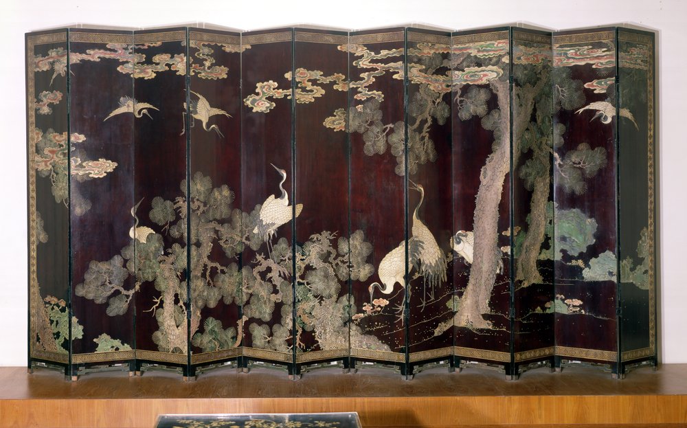 Coromandel Screen Depicting Cranes, Pine Trees and Clouds