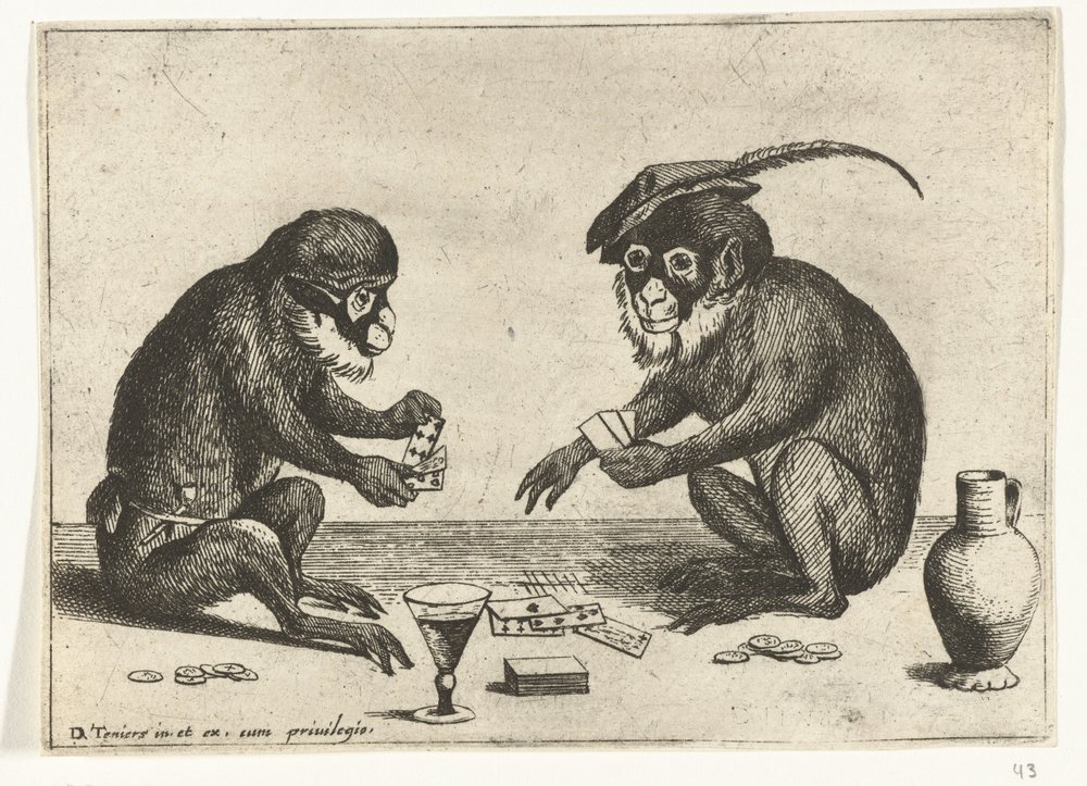 Two Monkeys Playing Cards by Quirin Boel: Fine art print