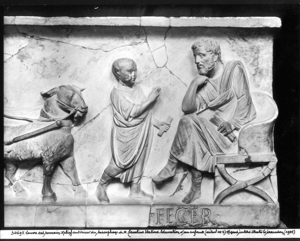 Detail from the sarcophagus of Cornelius Statius depicting a child ...